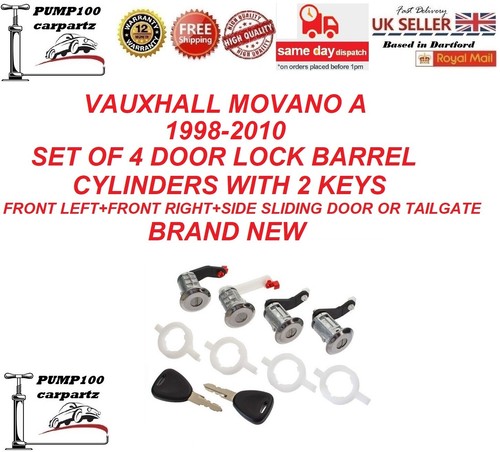 FOR VAUXHALL MOVANO 1998-2010 SET OF 4 DOOR LOCK BARREL CYLINDER & 2 ...