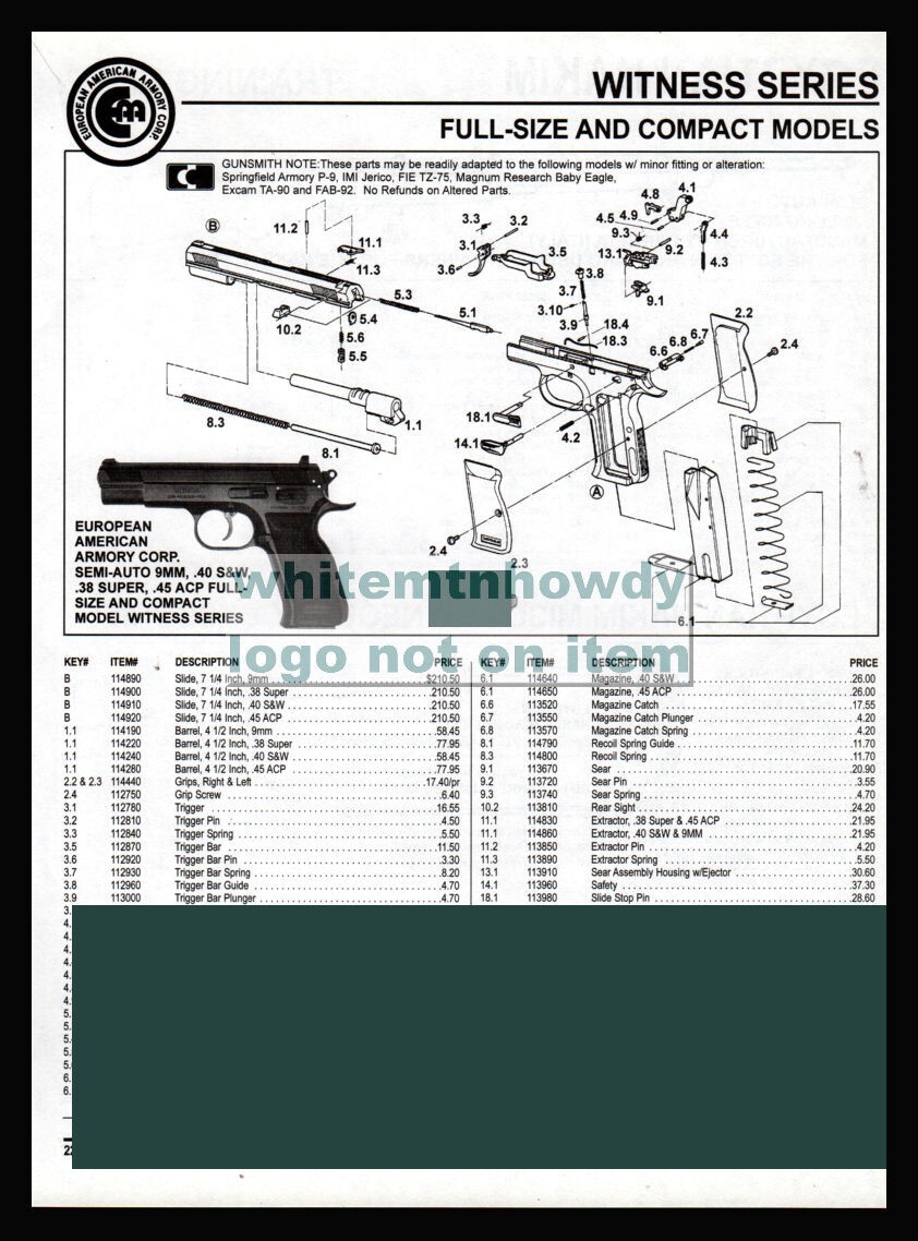 1999 EUROPEAN AMERICAN ARMS Witness Series Pistol Schematic Parts List ...