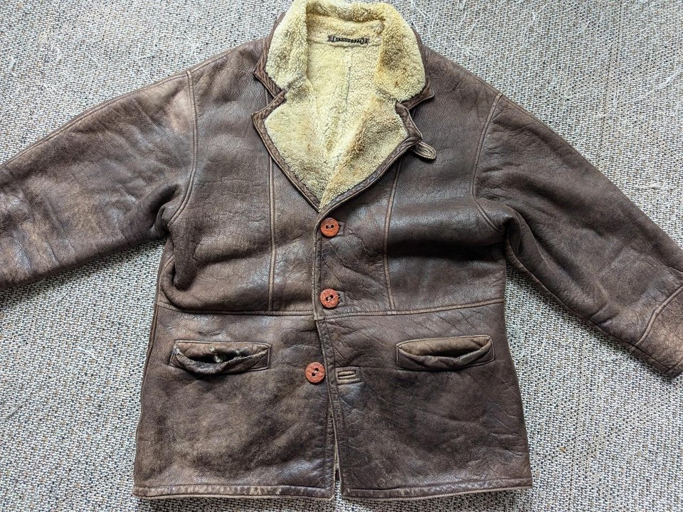 vintage SHEARLING rancher coat SHEEPSKIN brown leather 2XL jacket ...