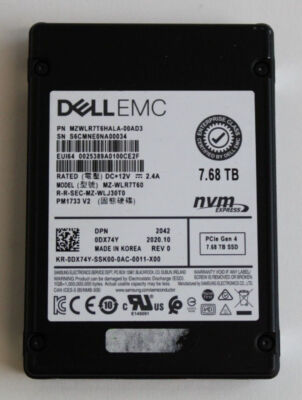 Dell DX74Y Samsung PM1733 7.68TB SSD MZ-WLR7T60 NVME U.2 2.5" Solid ...