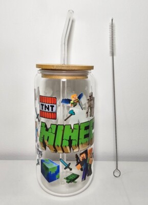 MINECRAFT 16oz Glass Cup With A Straw And Bamboo Lid And Brush | eBay UK