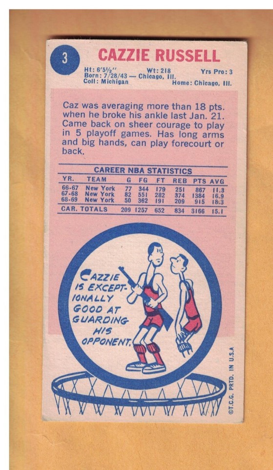 CAZZIE RUSSELL AUTOGRAPHED 1969-70 TOPPS ROOKIE CARD SIGNED #3 NEW YORK ...