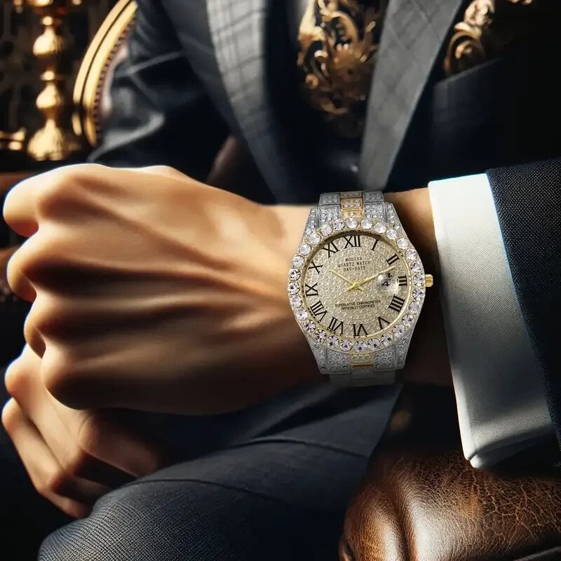 Men Two Tone Rapper Watch Hip Hop Iced Bling Simulated Diamond Luxury ...