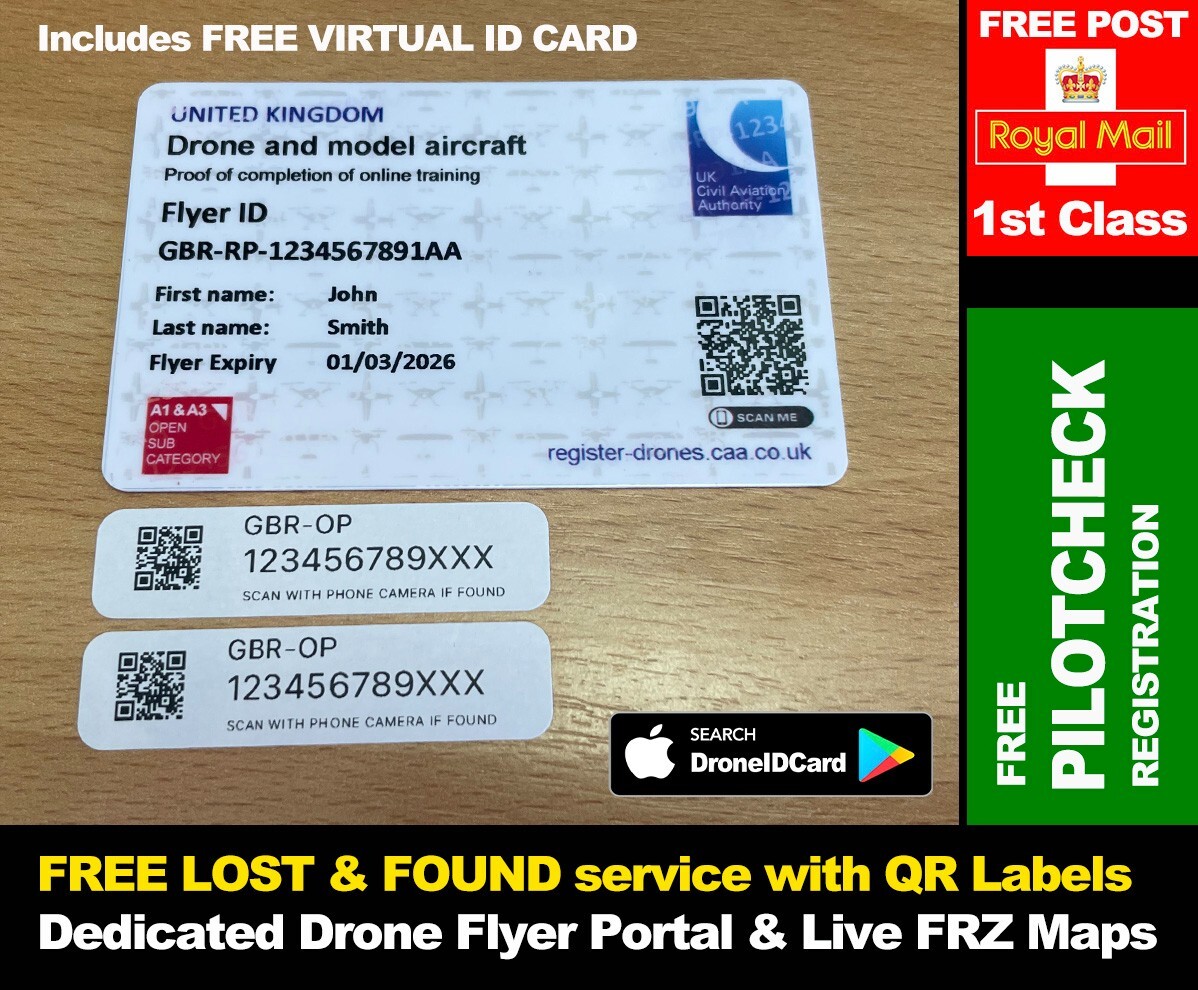 Drone Stickers & Drone Card - CAA Flyer ID Card + 5 x Drone Operator QR ...