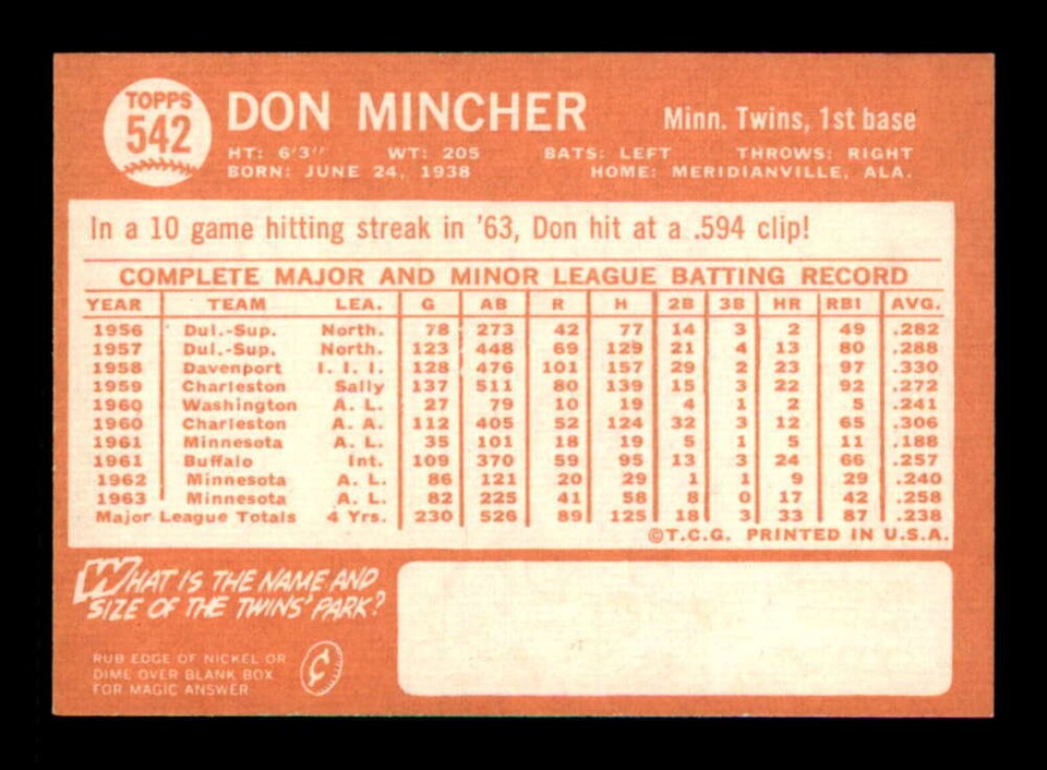 1964 Topps #542 Don Mincher NM/NM+ X2719029 | eBay
