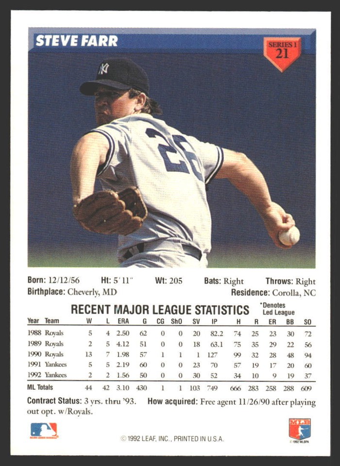 Steve Farr #21 1993 Donruss New York Yankees | eBay