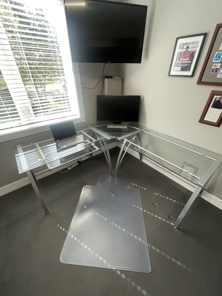 Realspace® Vista Glass 76"W L-Shape Corner Desk, Silver | eBay