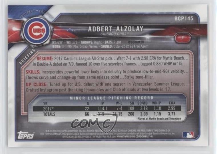 2018 Bowman Chrome Prospects Purple Refractor /250 Adbert Alzolay # ...