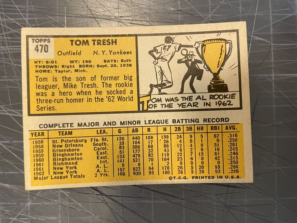 1963 TOPPS #470 TOM TRESH NEW YORK YANKEES BASEBALL CARD NM NICE | eBay