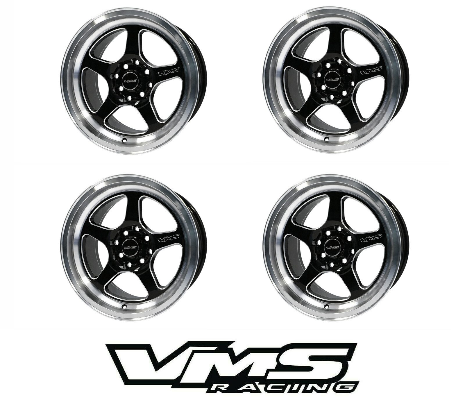 x4 VMS RACING MOHAWK 15X8 BLACK POLISHED RIMS WHEELS SET 4X100/114 ET20 ...