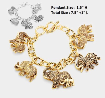 Vintage Look Multi Elephant Charm Chain Link Metal Bracelet Bangle Cuff ...