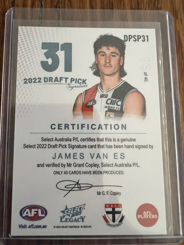 2023 Select AFL Legacy JAMES VAN ES Draft Pick Signature Platinum 18/40 ...