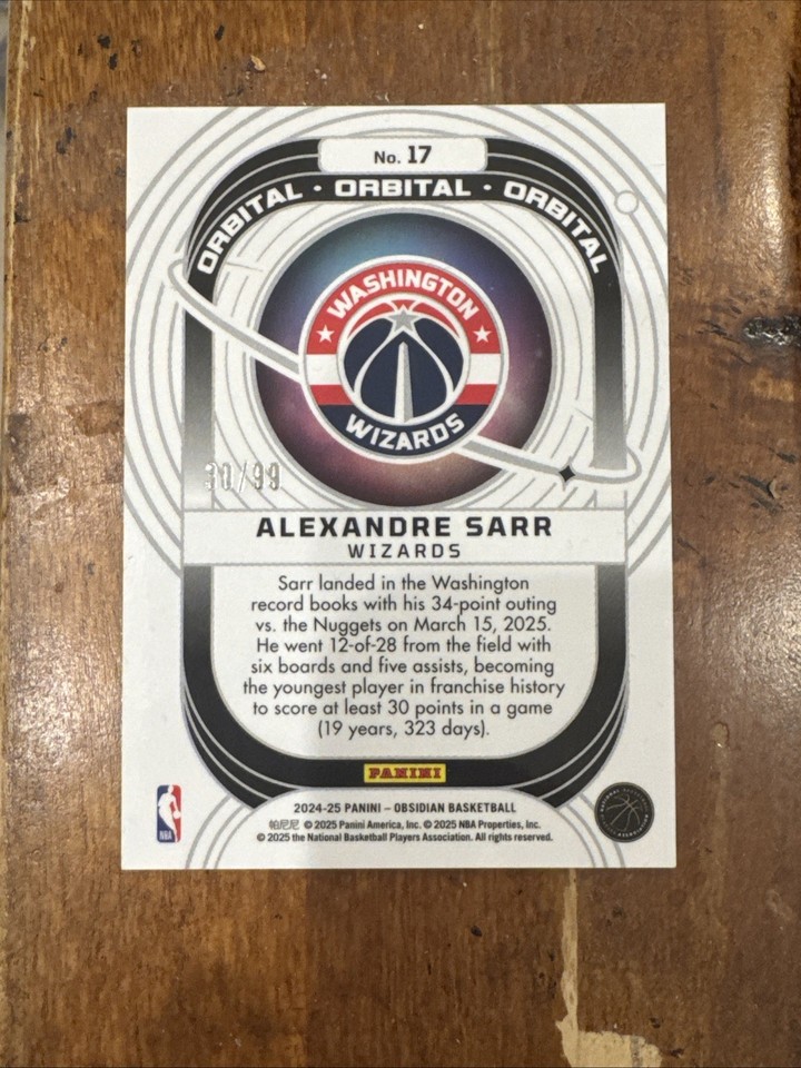 Alexandre Sarr 2024-25 Panini Obsidian Orbital Orange Flood /99 #17 ...