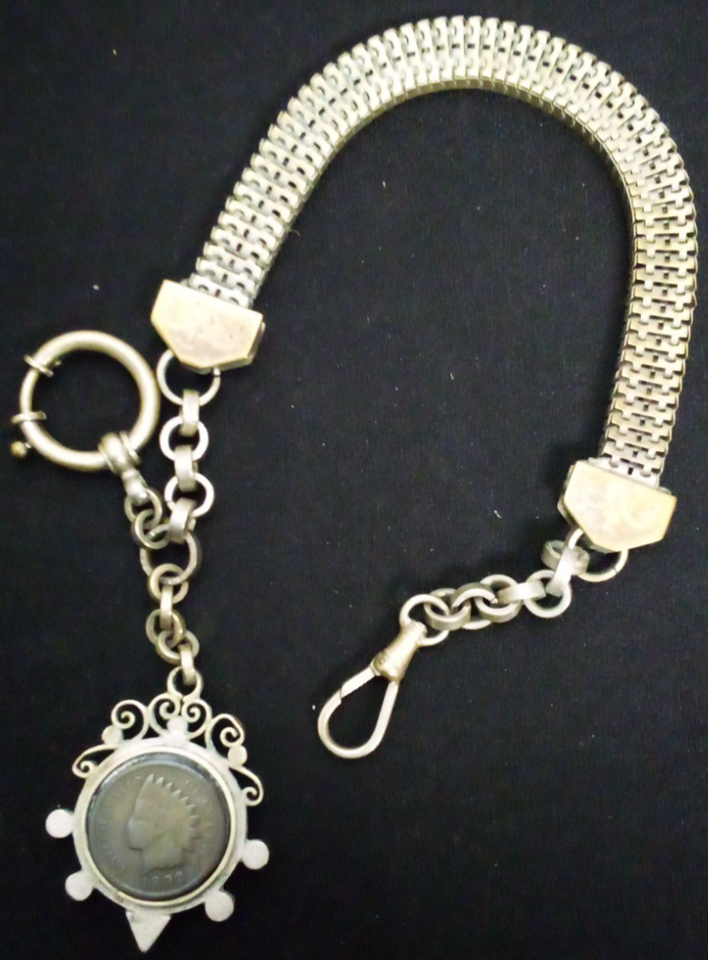 VTG ANTIQUE WATCH FOB CHAIN W/COMPASS GOLD FILLED 1892 INDIAN HEAD ...