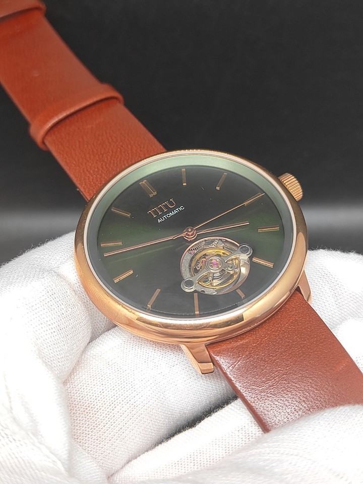 90% NEW TITUS GREEN DIAL 06-2873-013 LEATHER STRAP AUTOMATIC MEN WATCH ...