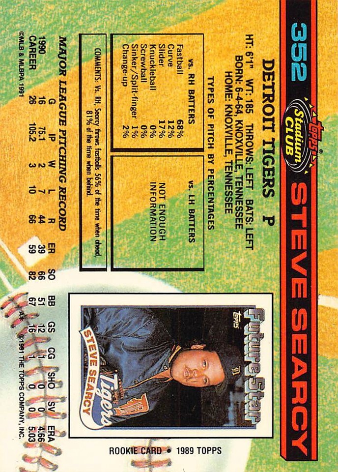 Steve Searcy 1991 Stadium Club 352 Detroit Tigers Baseball Card | eBay