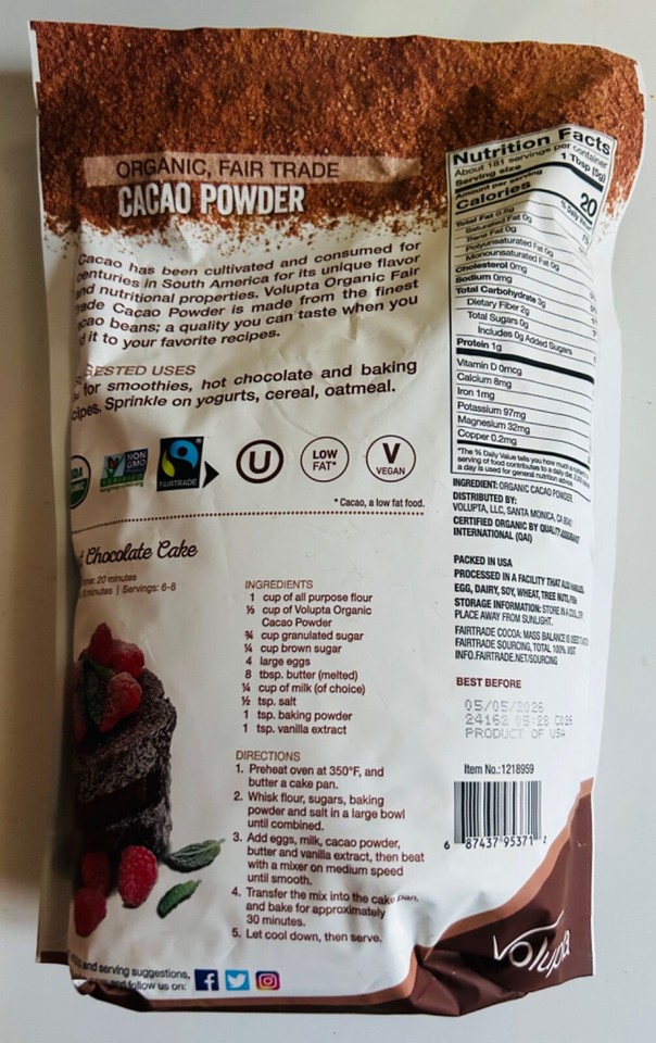 VOLUPTA 100% ORGANIC NON-GMO FAIR TRADE CACAO POWDER 2lbs/32oz/907g | eBay