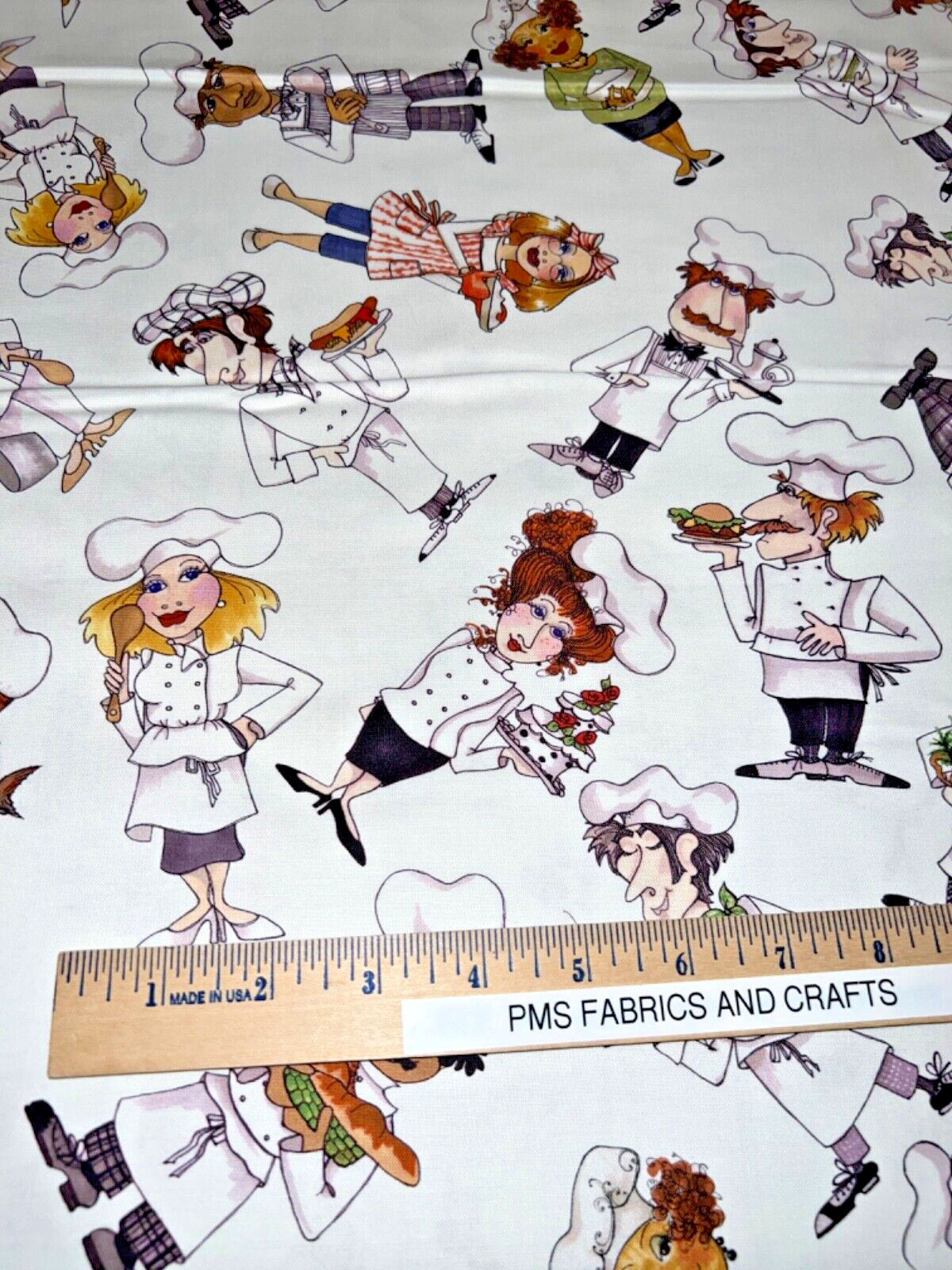 Loralie Happy Chef Tossed Chefs on White 100% cotton fabric by the yard ...