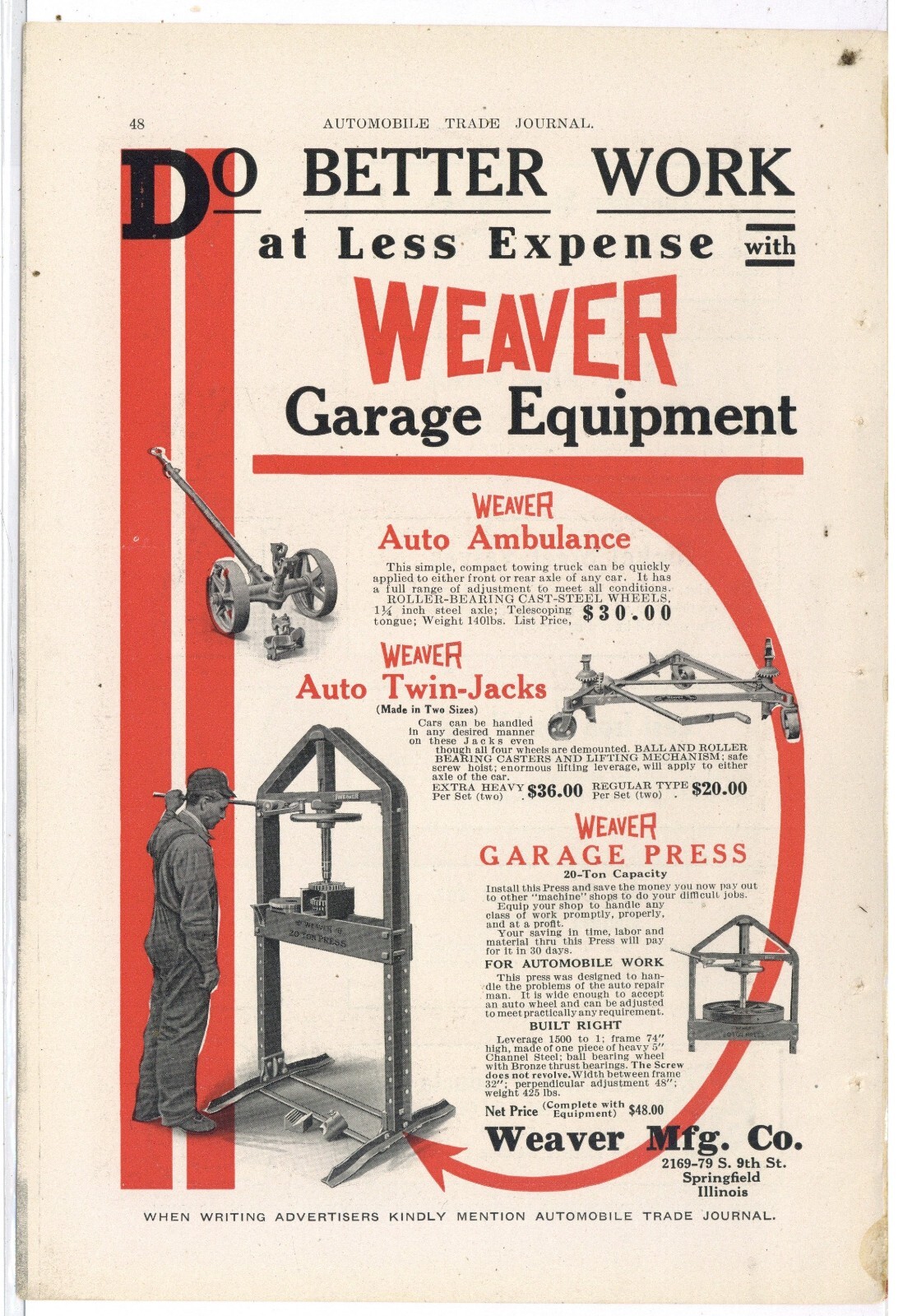 1915 Weaver Mfg. Co. Ad: Garage Equipment - Auto Ambulance, Twin Jack ...