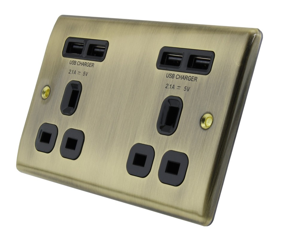 BG Nexus 13A Unswitched Double Socket with 4x USB Charger Antique Brass ...