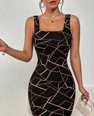 Women’s Medium Black Geometric Bodycon Dress - Sleeveless Stretchy ...