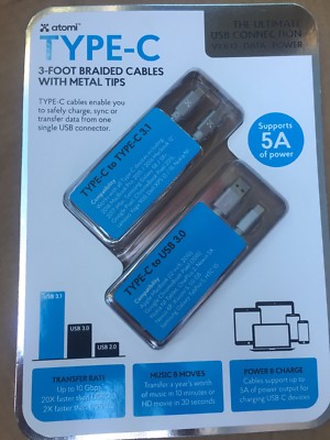 New In Package Atomi Type-C 3-foot Braided Cables with Metal Tips 2 ...