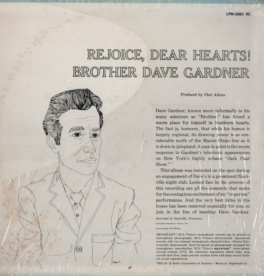 Brother Dave Gardner Rejoice, Dear Hearts! RCA Victor LPM 2083 Vinyl LP ...