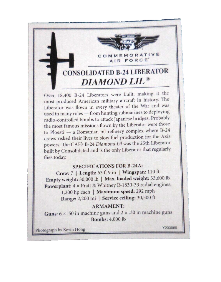 B-24 Liberator Diamond Lil Commemorative Air Force Card | eBay
