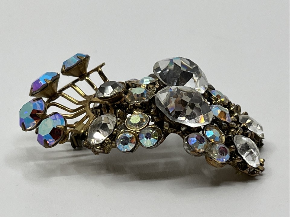 Vintage Estate Sparkly AB Rhinestone Curved Shoulder Brooch Pin Gold ...