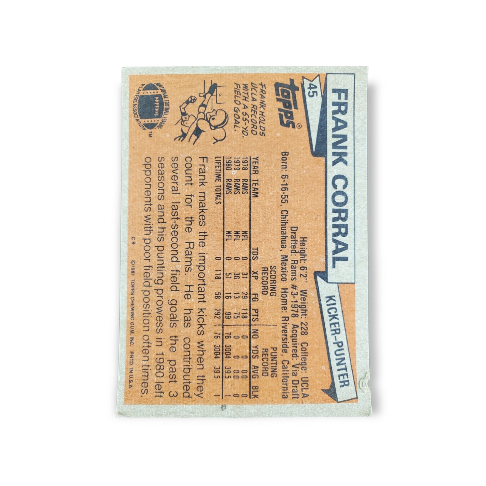 1981 Topps Football Frank Corral Card #45 Los Angeles Rams Trading Card ...