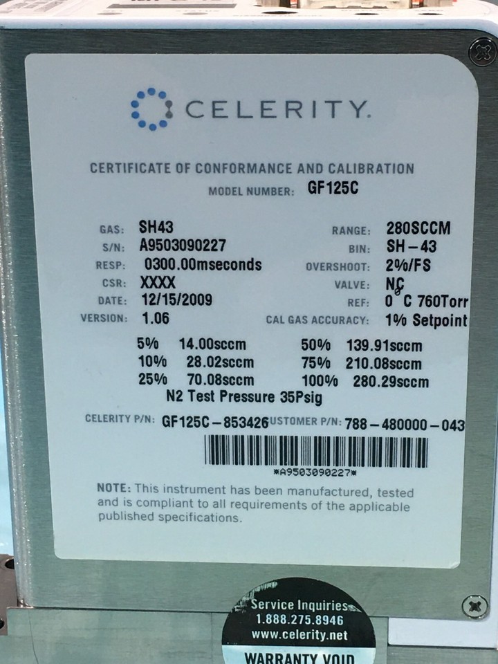 CELERITY GF125 MFC MASS FLOW CONTROLLER GF125C SH43 280 SCCM, O2 10 SCCM, 118352 | eBay