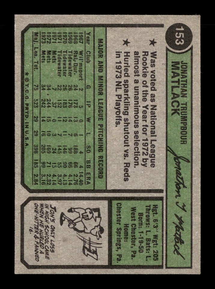 1974 Topps #153 Jon Matlack New York Mets EX+ Baseball Card *D352 | eBay