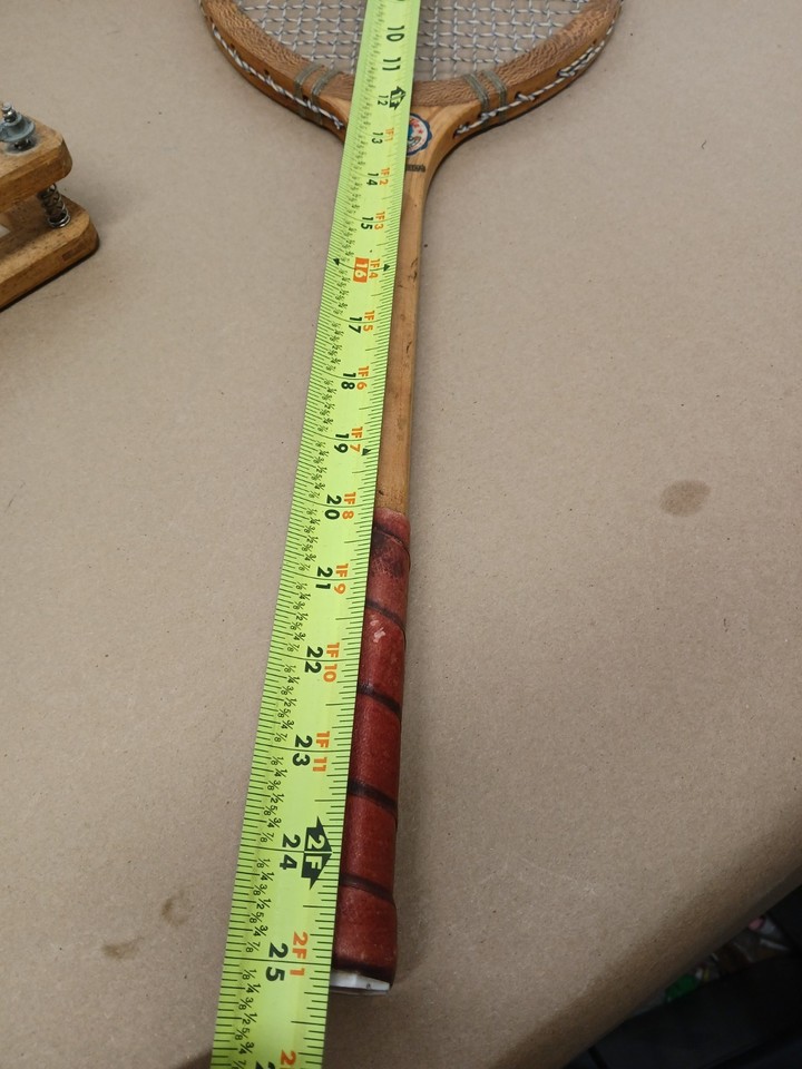 Vintage Swing-Tip Wooden Tennis Racket w/ Old Wooden Stringing Frame ...