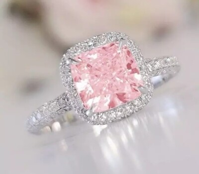 5.50Ct Cushion Cut Pink Lab Created Diamond Wedding Ring 14K White Gold ...