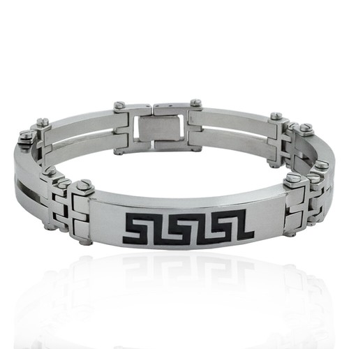 Bracciale acciaio satinato con targa a motivo greca con fibra di ...