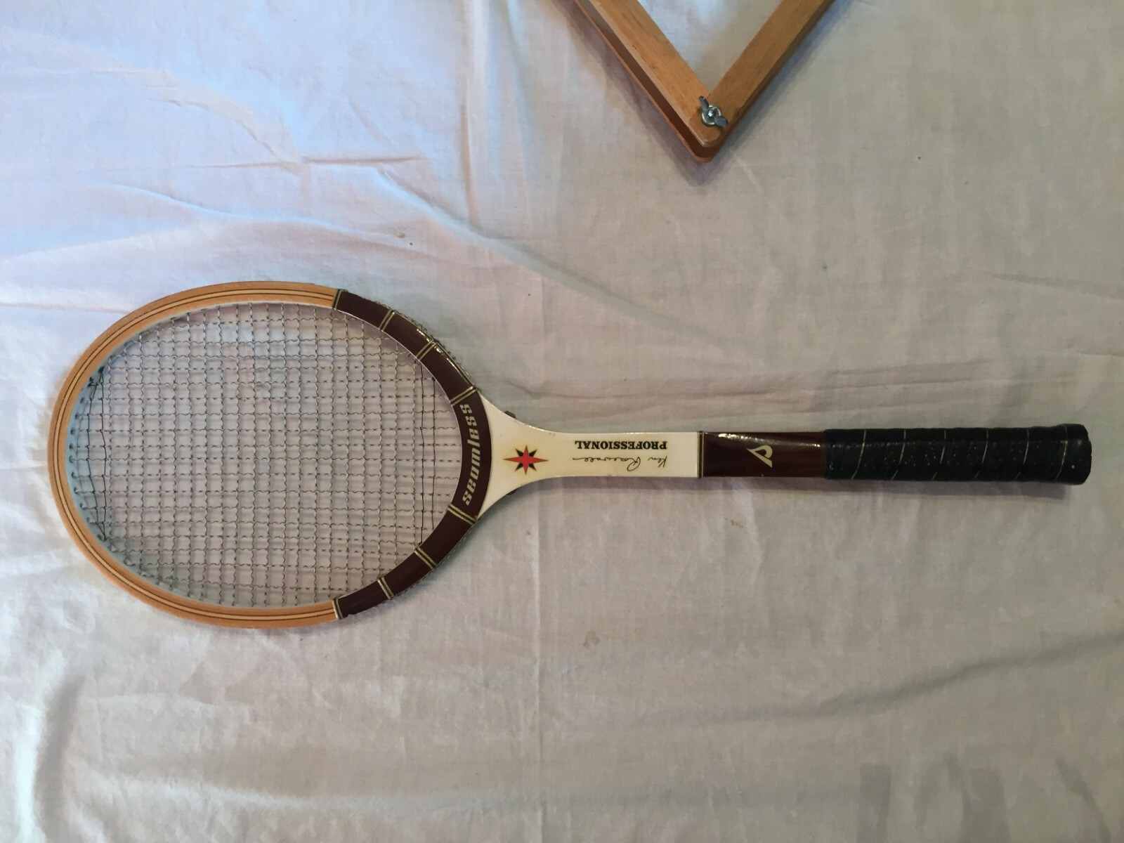 KEN ROSEWALL Tennis ~ Vintage Seamless Wooden Racquet With Wooden Press ...