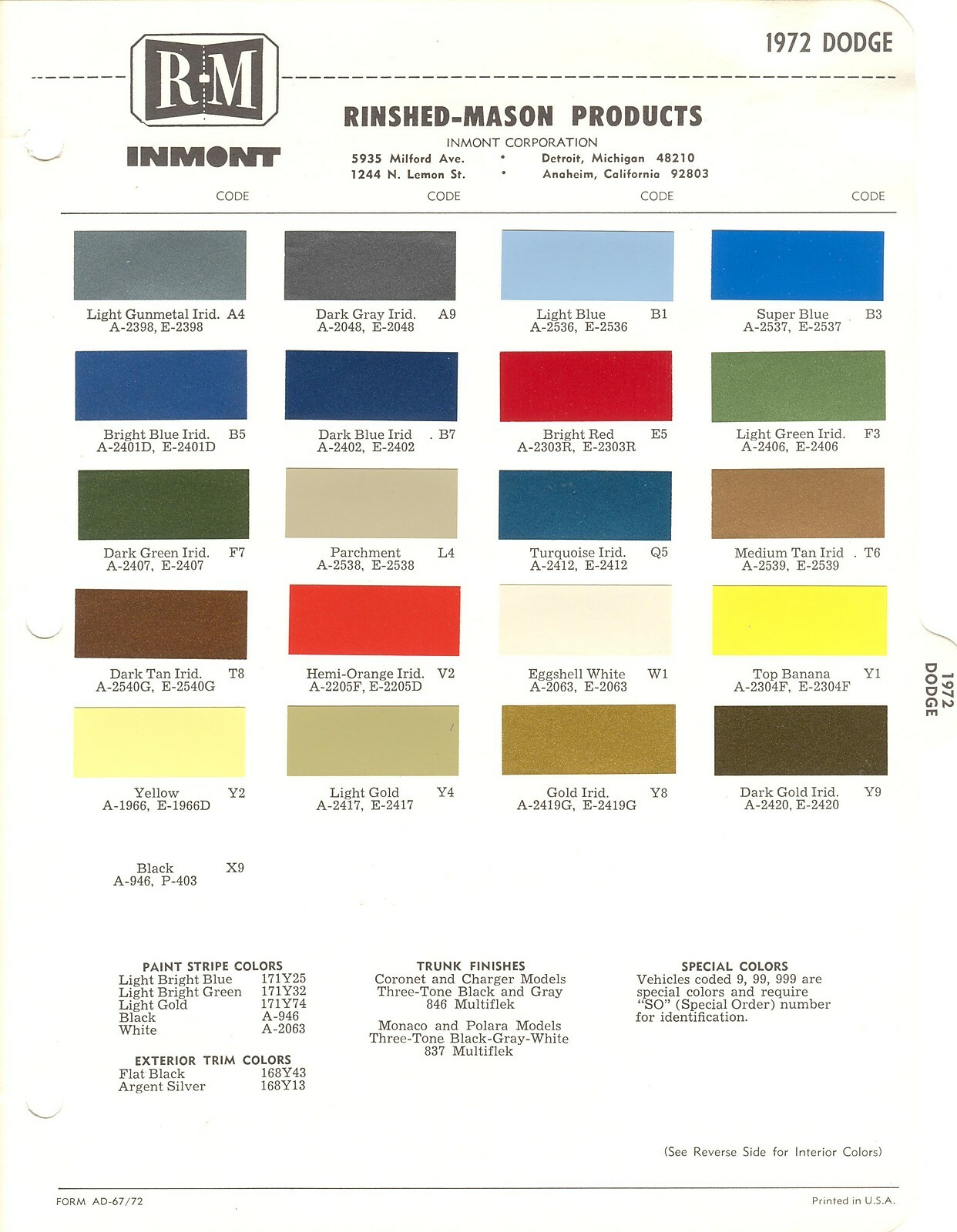 1972 DODGE CHARGER CHALLENGER CORONET POLARA DART MONACO PAINT CHIPS ...