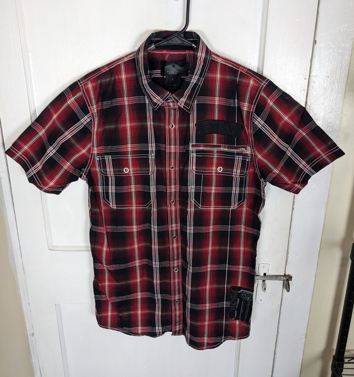 Harley-Davidson Snap Button Shop Shirt Men L Red Plaid HDMC Patch Biker ...