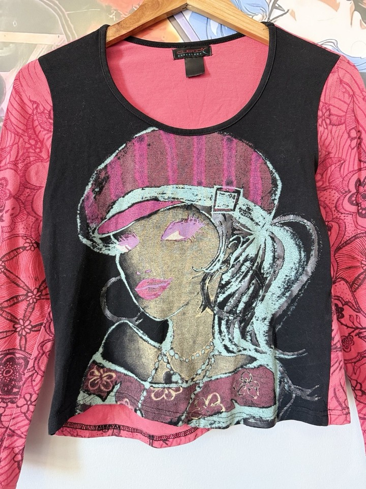 Vtg Custo Barcelona Long Sleeve Top Pink Black Graphic Girl Print Y2K ...