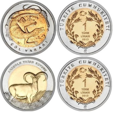 Turkey 2015 UNC 2 Pcs Coin Set, 1 Lira Varan & Wild Sheep, BIMETAL | eBay