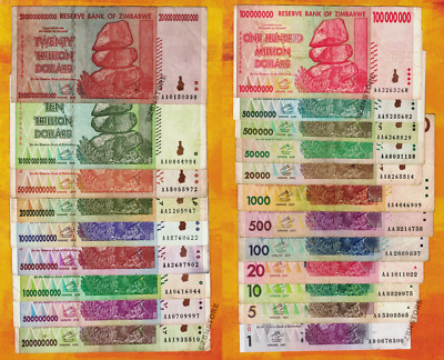 1 to 20 Trillion Zimbabwe Dollars Set of 21 Banknotes 2008 + 100 % ...