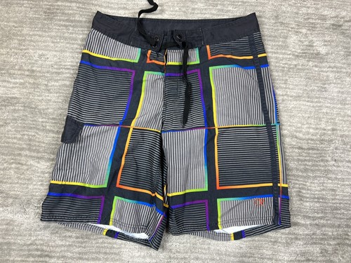 Ocean Pacific Board Shorts Men 32 Gray Black Plaid Trunks Swim Surfing ...