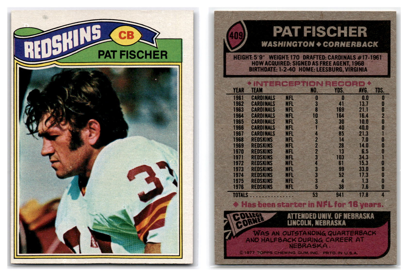 1977 Topps #409 Pat Fischer EXMT/NM - Washington Redskins | eBay