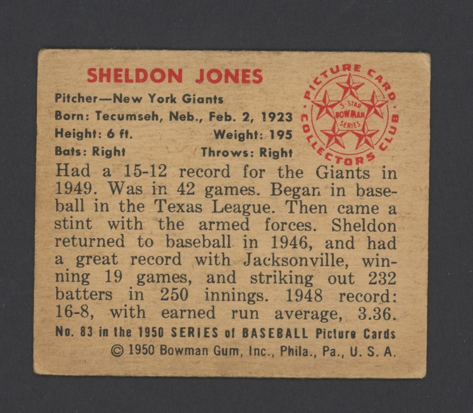 1950 Bowman Baseball Card # 83 Giants Sheldon Jones Gd-Vg | eBay