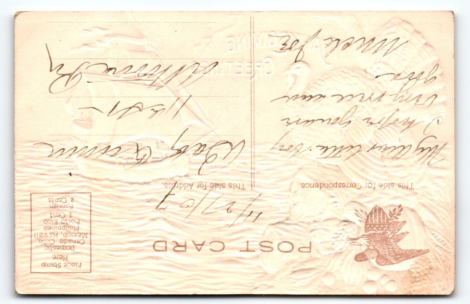 Thanksgiving Postcard Airbrushed Sailing Ship Boat Turkey P Sander ...