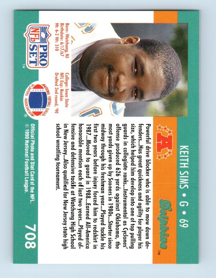 1990 Pro Set Keith Sims Rookie Miami Dolphins #708 | eBay