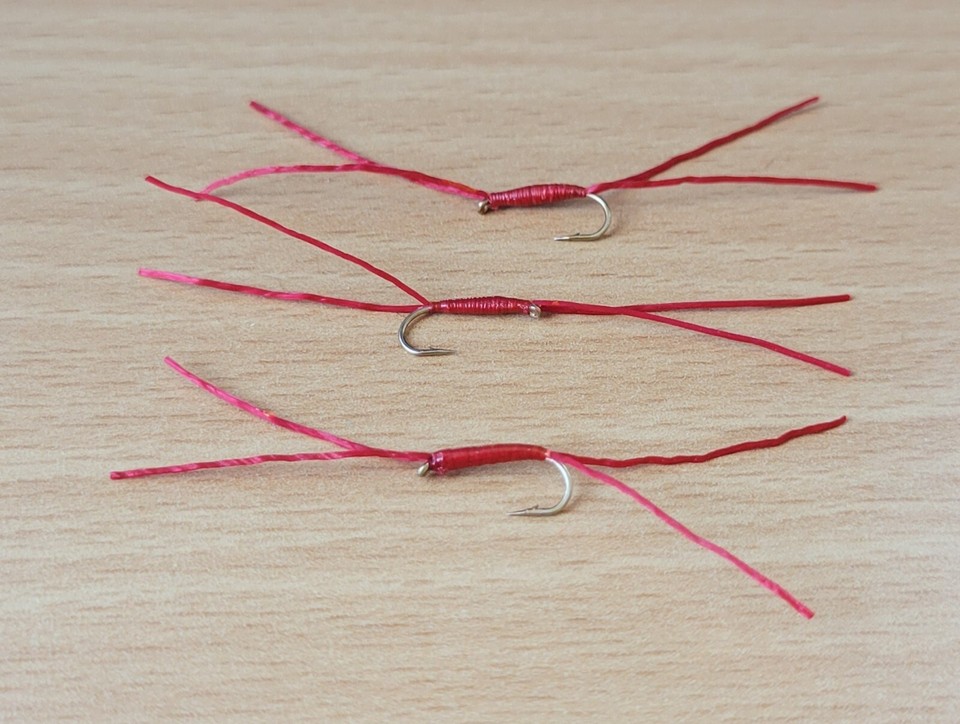 3 x Red Apps red rib epoxy Bloodworm Flexi Floss Buzzers Trout FLY ...