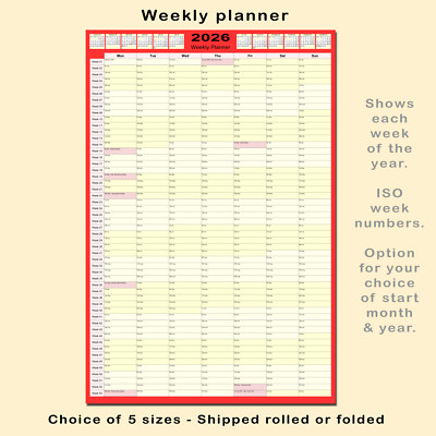 2026 Weekly Wall Planner Calendar ISO week numbers 5 sizes 10 colours ...