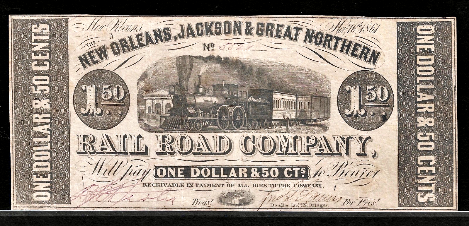 Nov 1861 New Orleans Jackson & Great Northern Rail Road $1.50 Cent ...