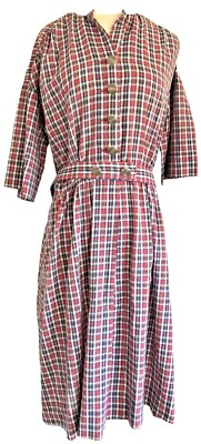 Vintage Plaid Dress, Secretary Geek Prarie Red Collar Knee Length Cuff ...